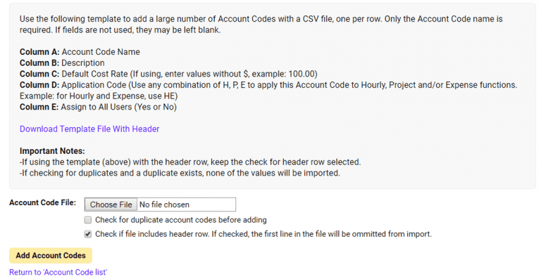 Account Code Setup