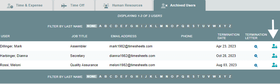Archive Page – Archiving and Reactivating Users