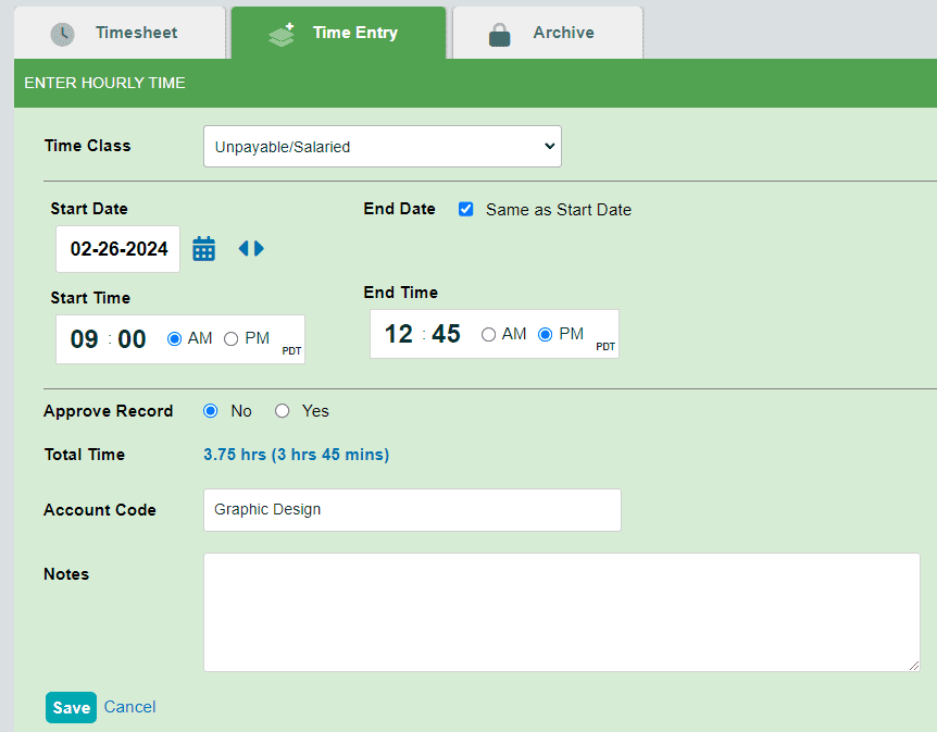Entering Hourly Time Using a Form